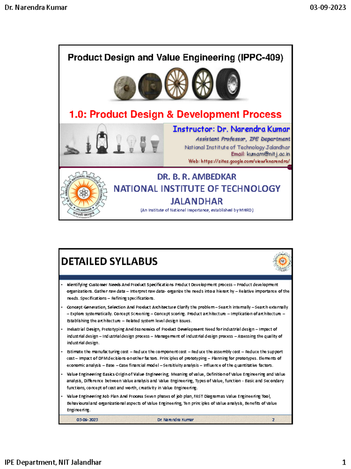 1 Product Design and Value Engineering Introduction - DR. B. R ...