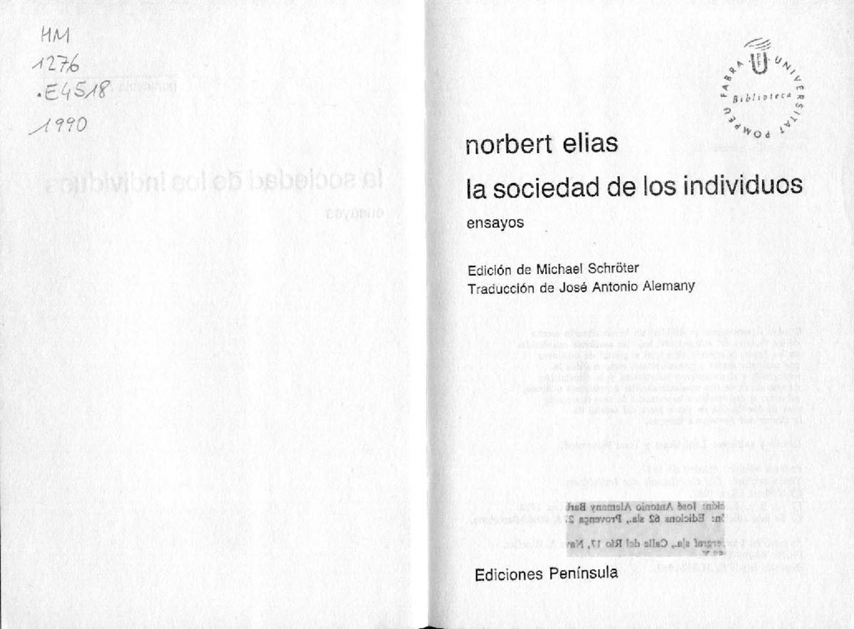 Elias Norbert La sociedad de los individuos ensayos 1990 - E UNIL 18 ...
