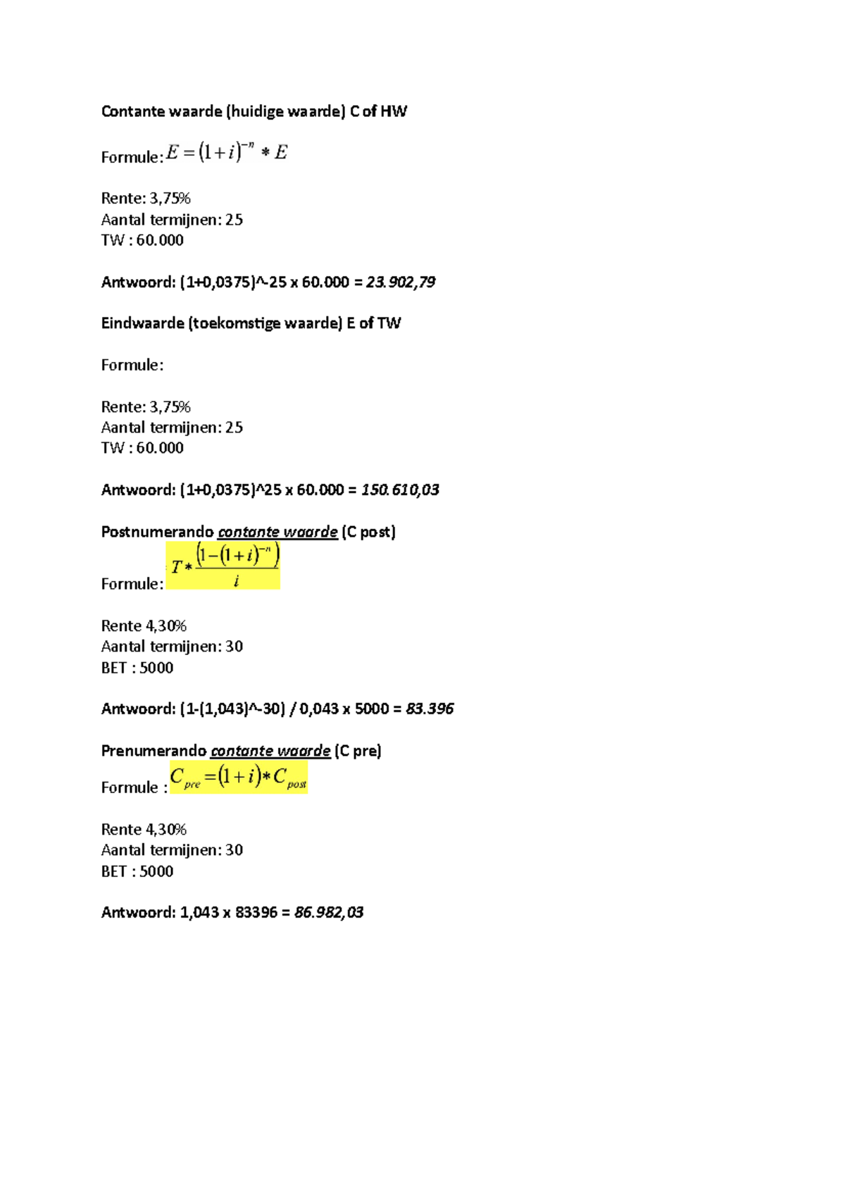 BCA - Samenvatting Bedrijfscalculatie Met Excel - Contante waarde ...