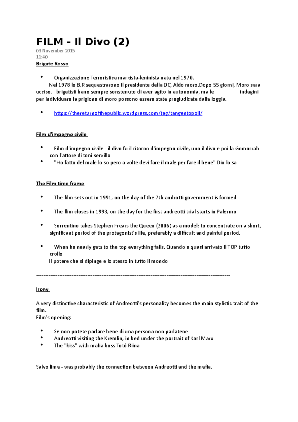 FILM - Il Divo - Lecture notes 6-7 - FILM - Il Divo (2) 03 November ...