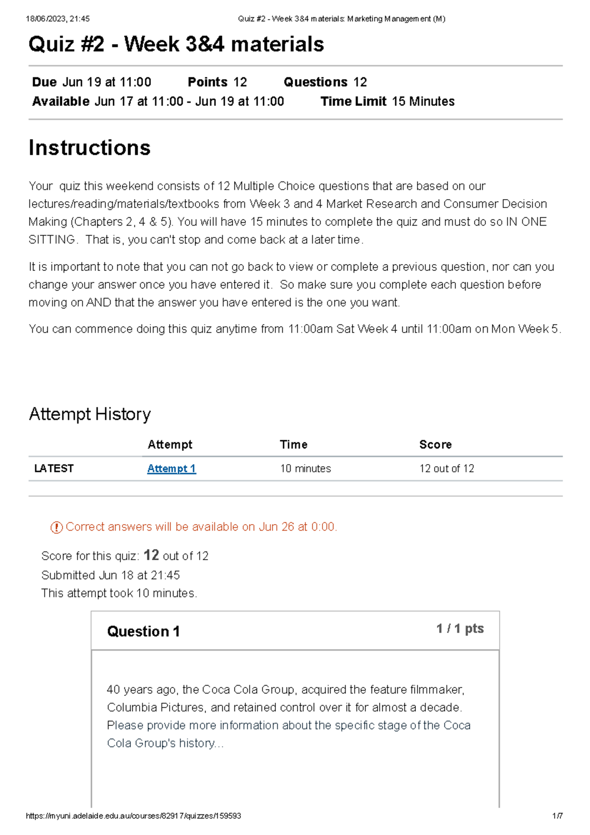 Quiz 2 Week 3 4 materials Marketing Management (M) - Quiz #2 - Week 3&4 materials Due Jun 19 at ...
