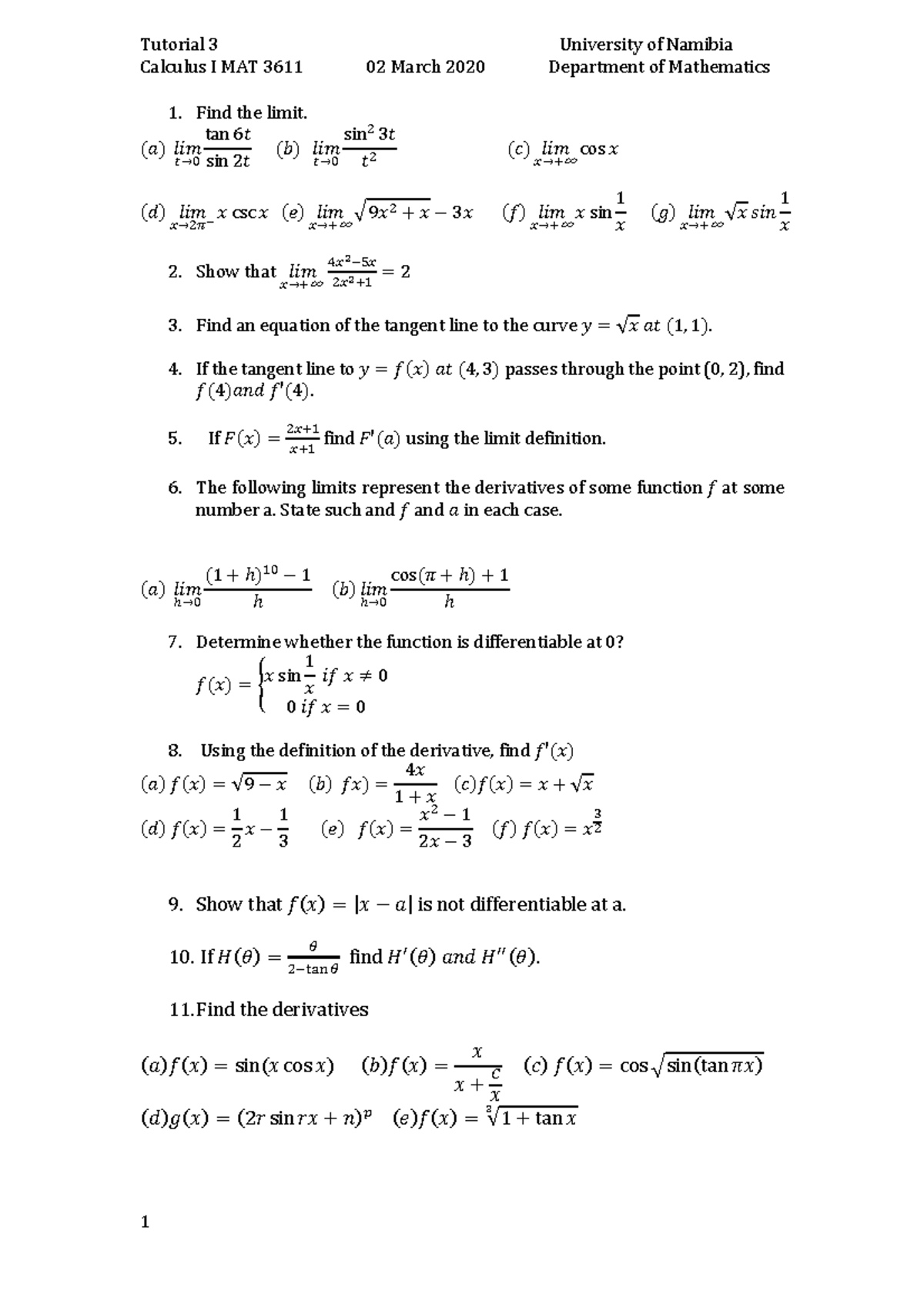 2020 Tutorial 3 MAT3611 - Tutorial 3 University of Namibia Calculus I ...