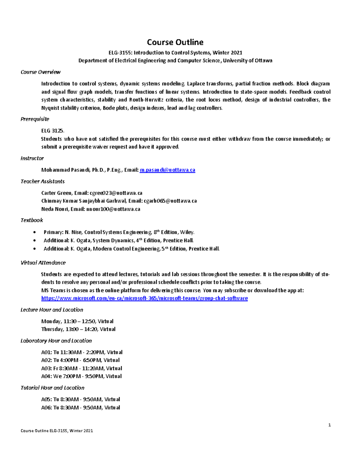 ELG3155 outline v01 - 1 Course Outline ELG-31 55 , Winter 2021 Course ...