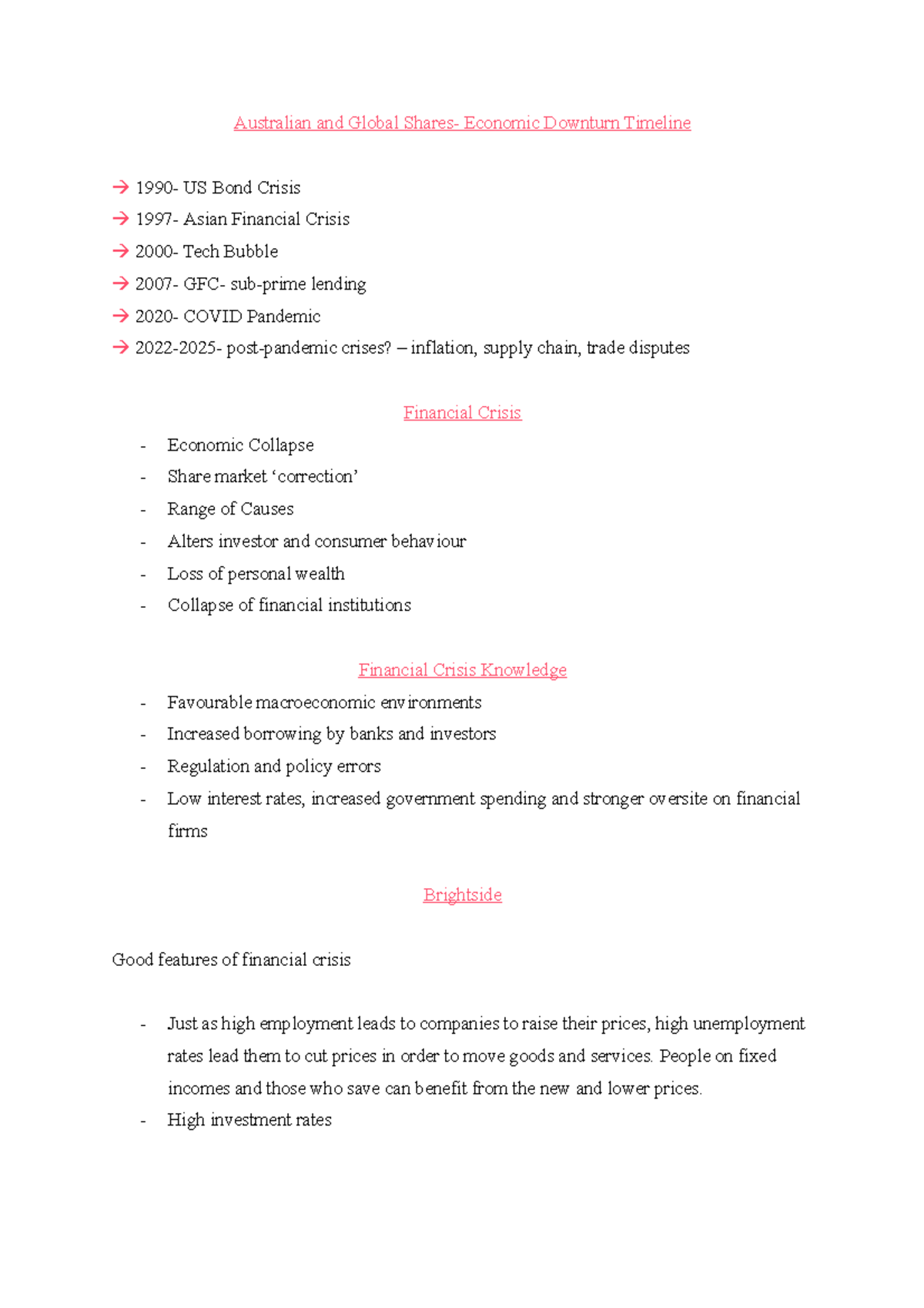 Economics Study Notes - Australian and Global Shares- Economic Downturn ...