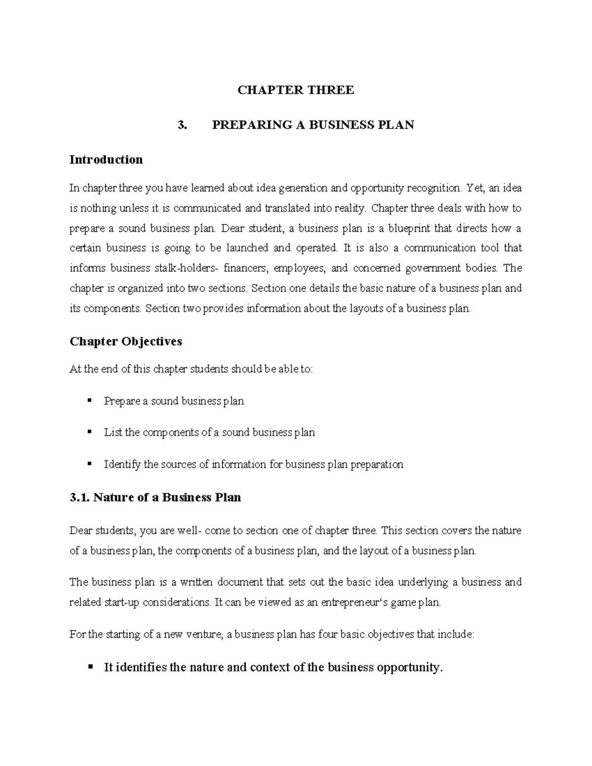 Chapter Three Advanced - CHAPTER THREE 3. PREPARING A BUSINESS PLAN ...