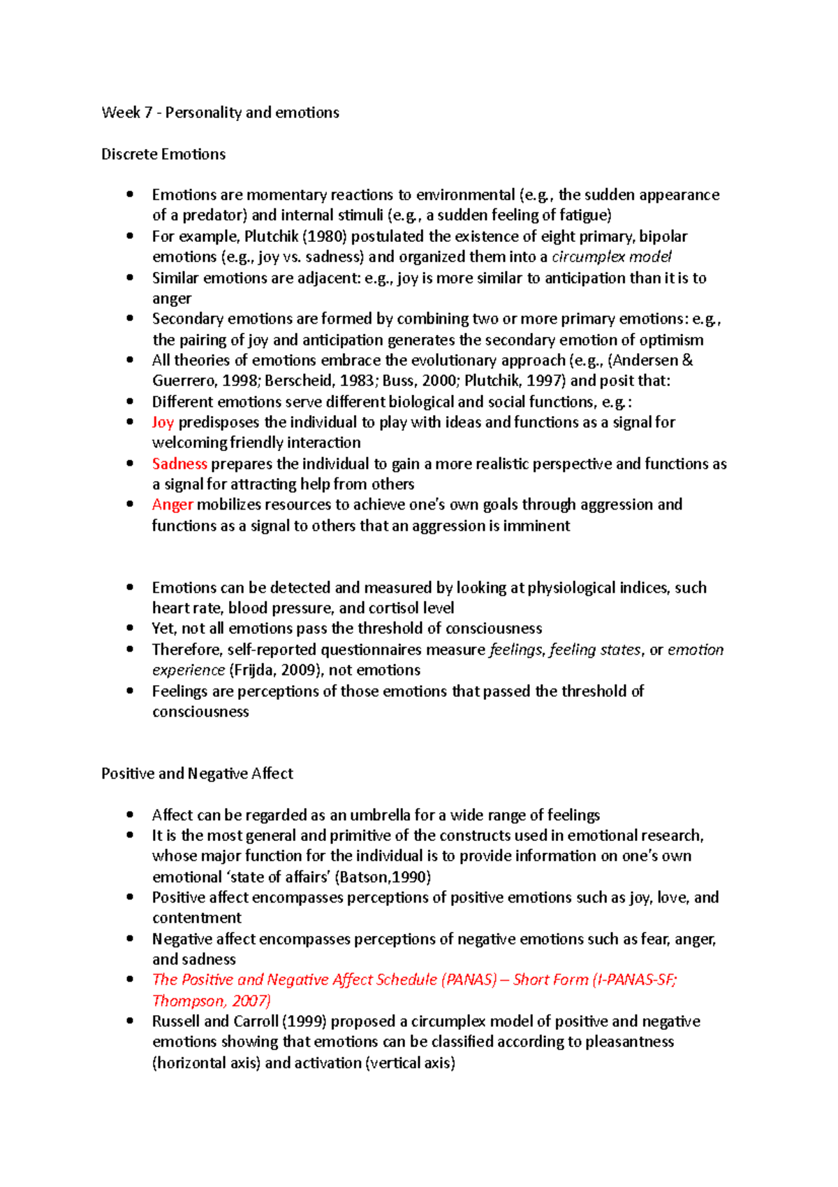Week 7 - Lecture notes 7 - Week 7 - Personality and emotions Discrete ...