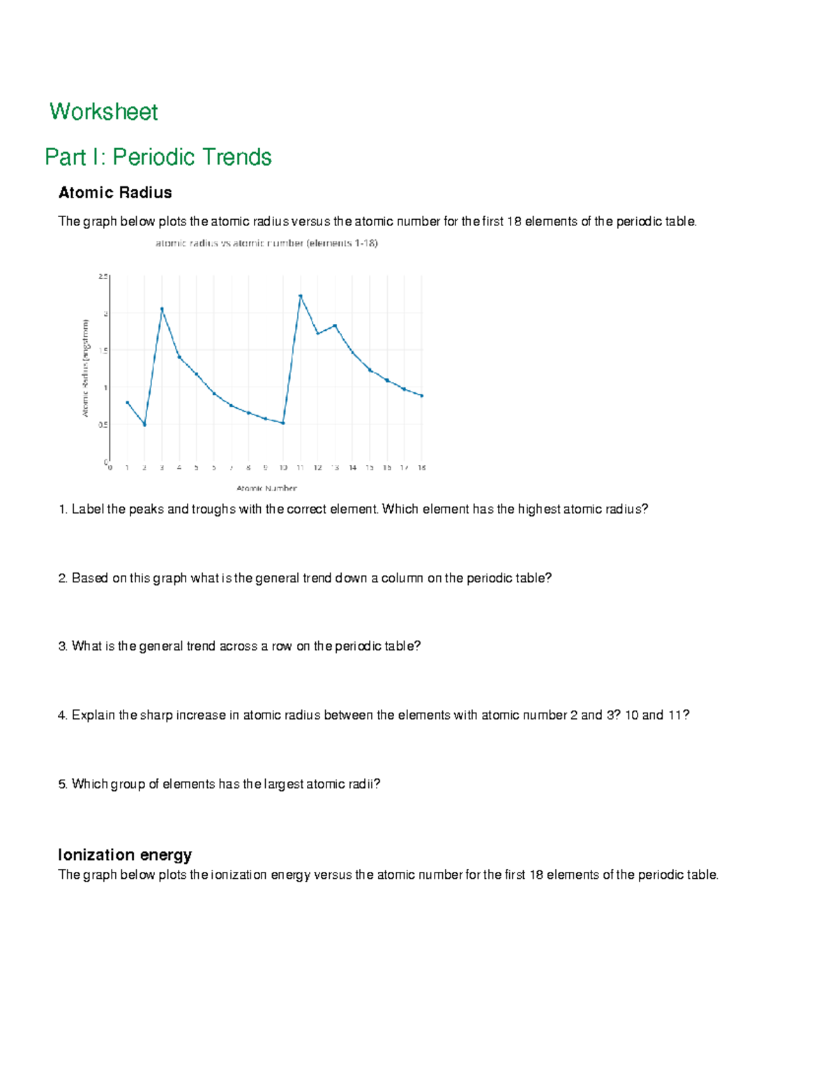 Experiment 9 - Data Sheet - Worksheet Part I: Periodic Trends Atomic ...