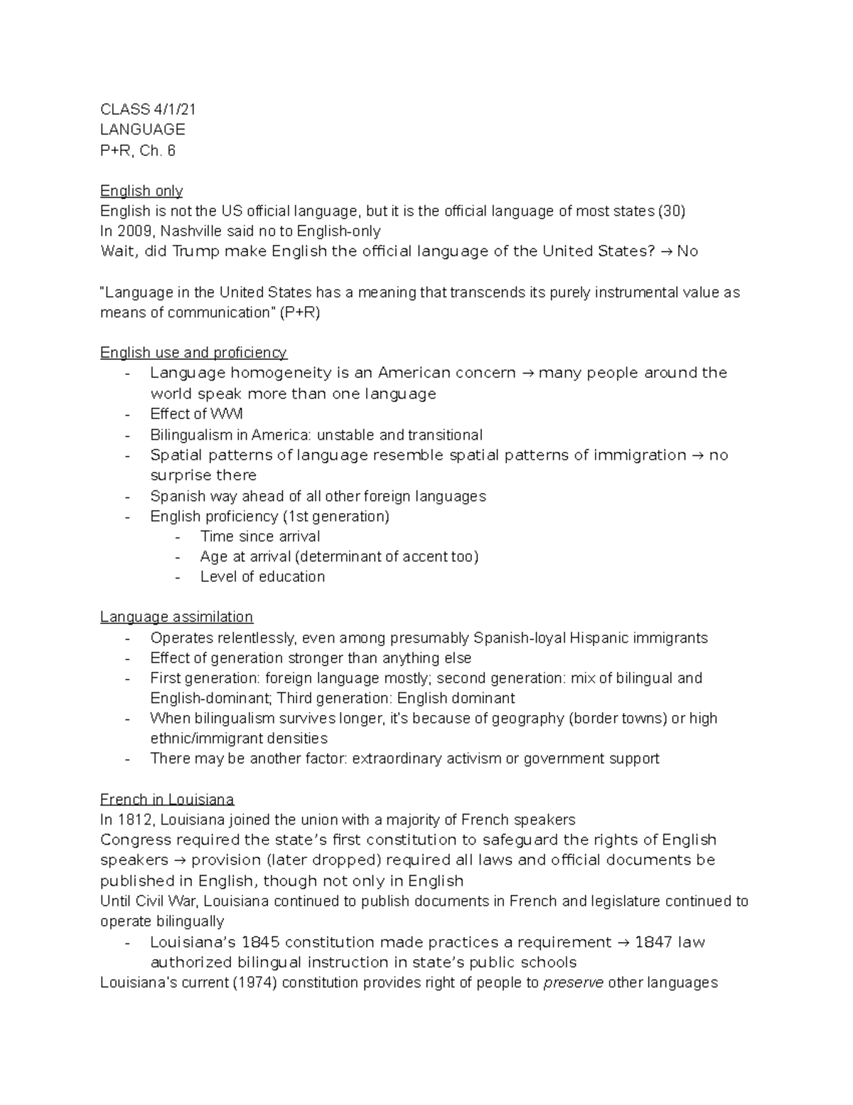 Language - Lecture notes 8 - CLASS 4/1/ LANGUAGE P+R, Ch. 6 English ...