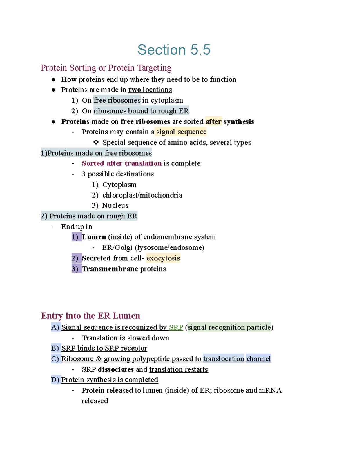 BIO 140 Lecture Notes 5.5 - Section 5. Protein Sorting or Protein ...