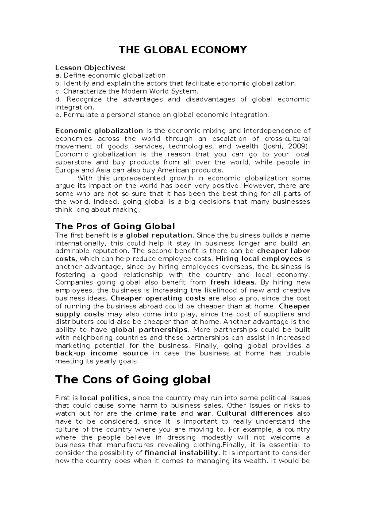THE- Global- Economy - It is for the subject "The Contemporary World ...
