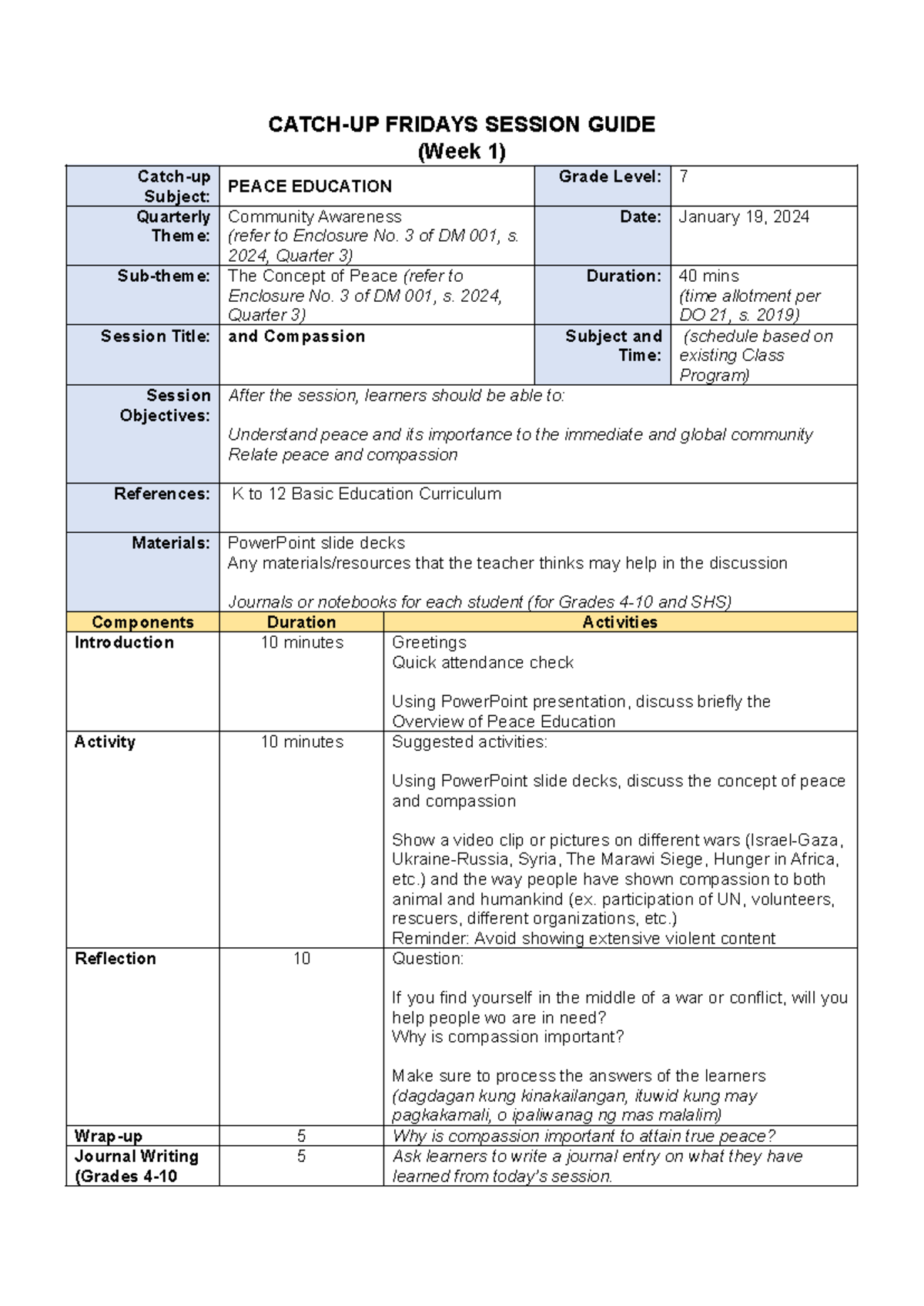 Peace- Education session-guide - CATCH-UP FRIDAYS SESSION GUIDE (Week 1 ...