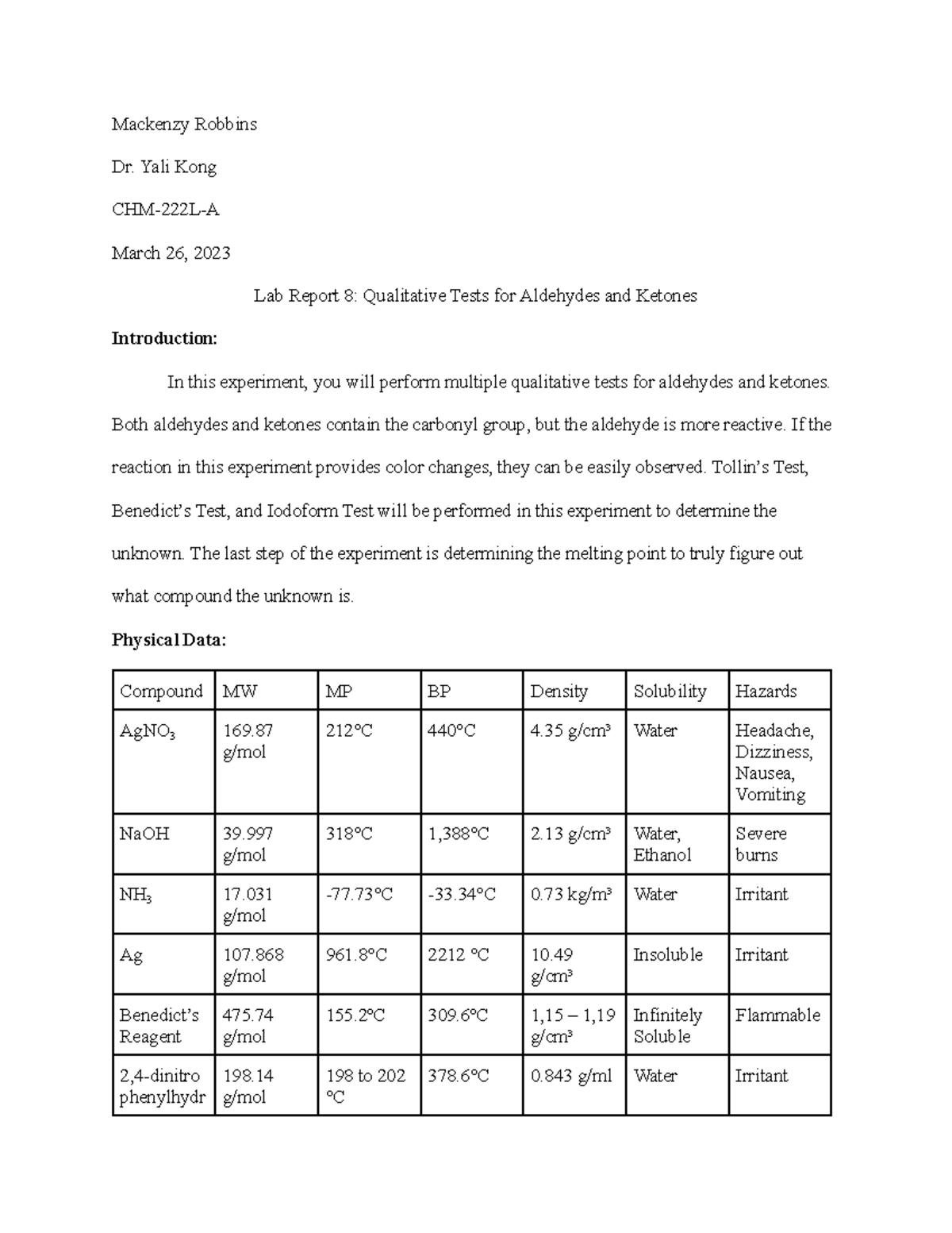 CHM-222L Lab Report 8 - Mackenzy Robbins Dr. Yali Kong CHM-222L-A March ...
