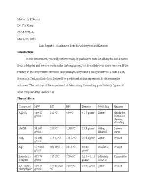 CHM-222L Lab Report 10 - Organic Chemistry II Lab on Esterification ...