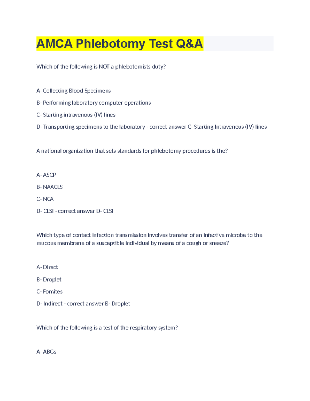AMCA Phlebotomy Test Q&A - AMCA Phlebotomy Test Q&A Which of the ...