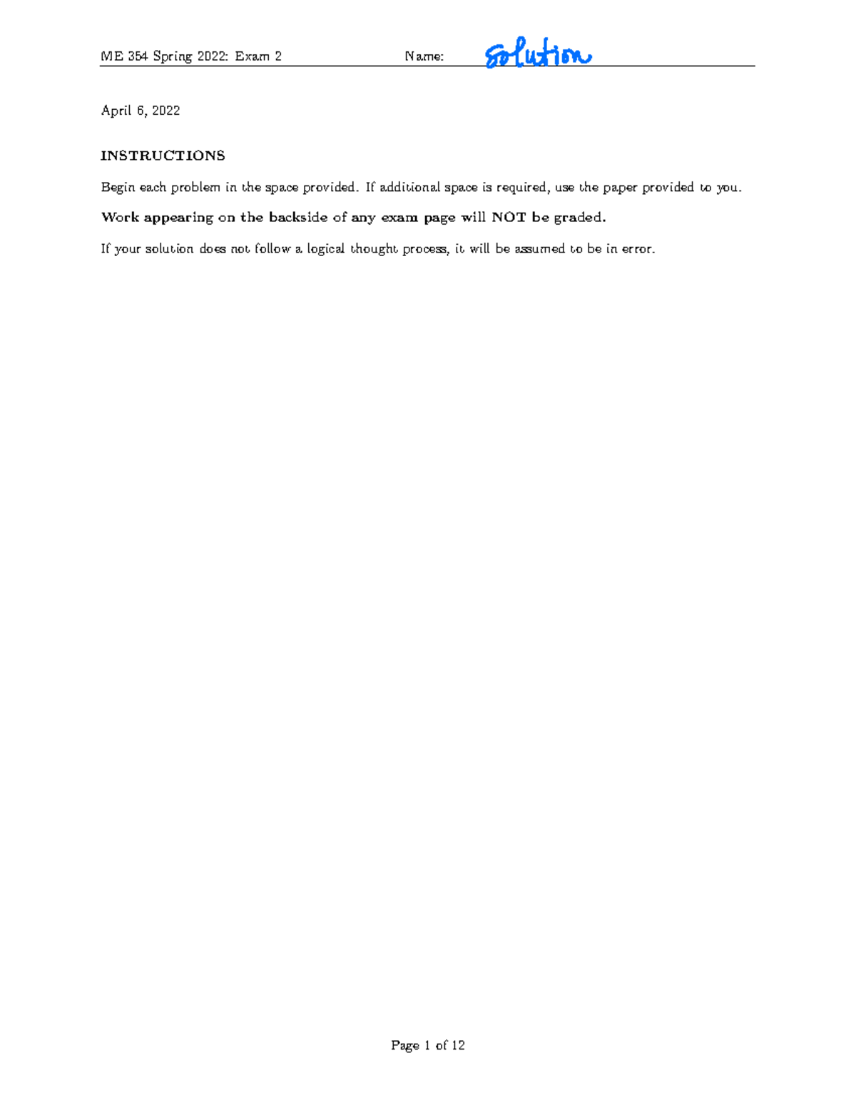220404 ME354 Exam2 solution - April 6, 2022 INSTRUCTIONS Begin each ...