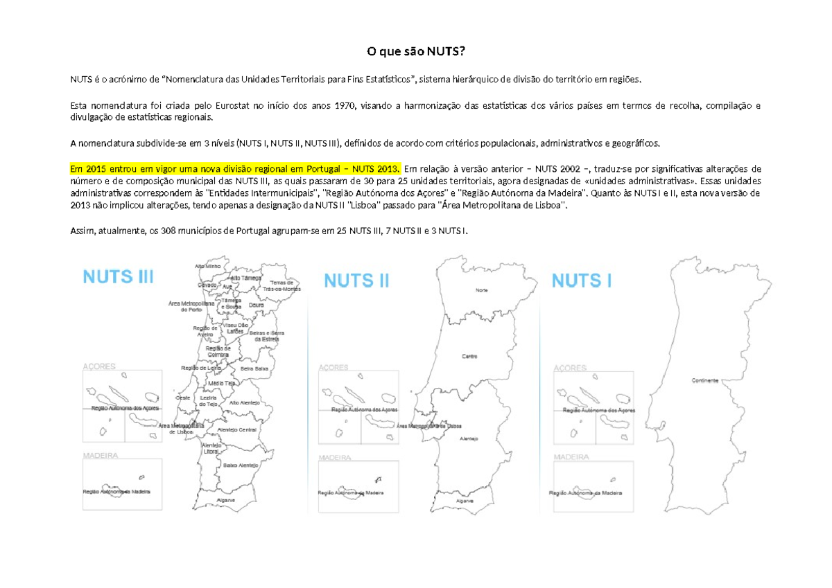 NUTS atualizadas - Portugal - O que são NUTS? NUTS é o acrónimo de “Nomenclatura das Unidades ...
