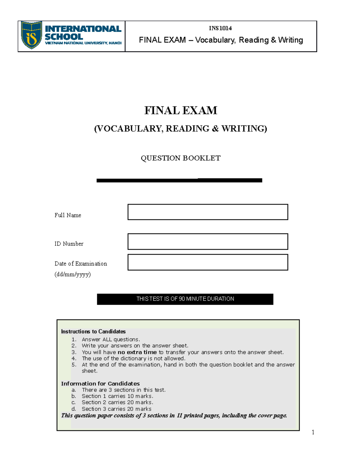 Final EXAM Template Template Test FINAL EXAM Vocabulary Reading