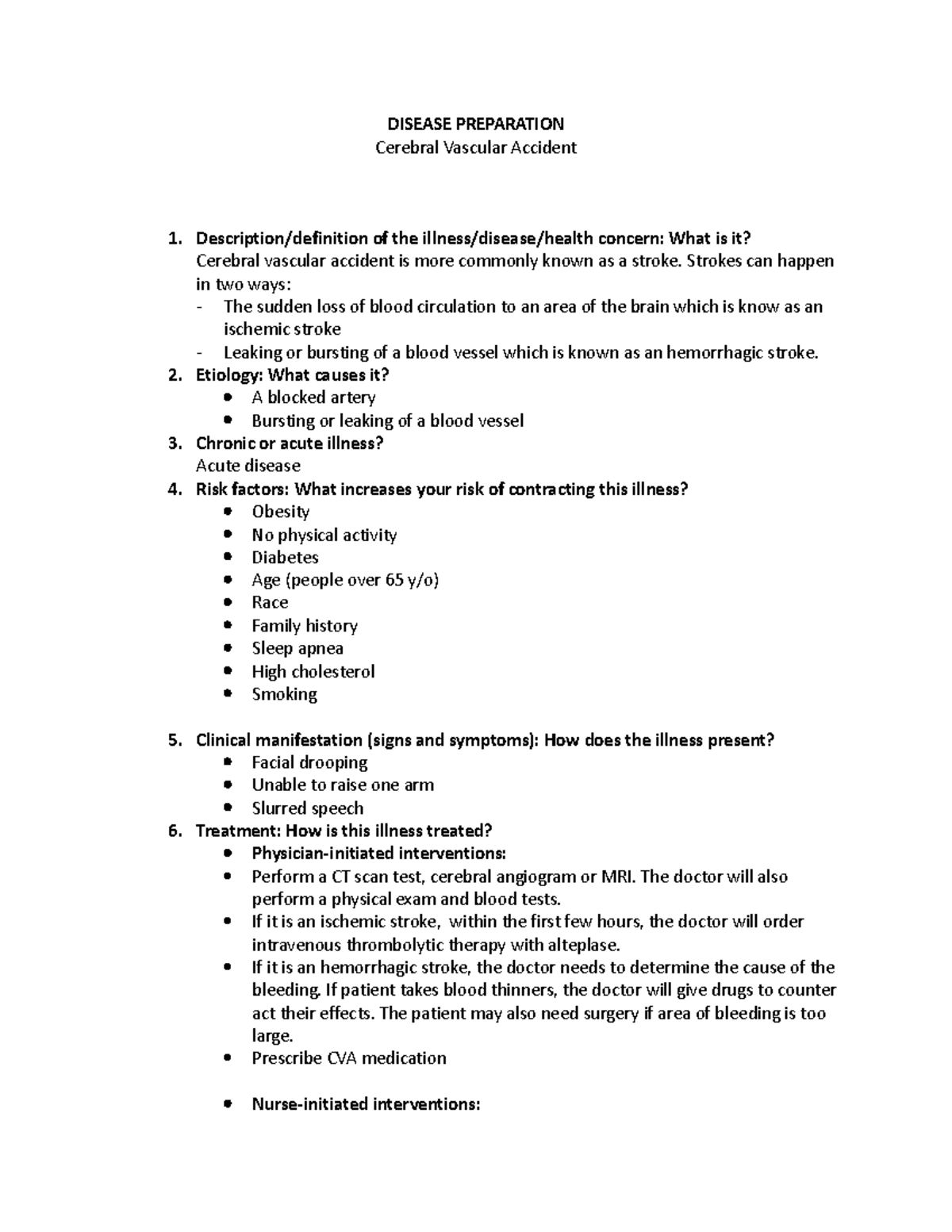 CVA disease prep - DISEASE PREPARATION Cerebral Vascular Accident ...