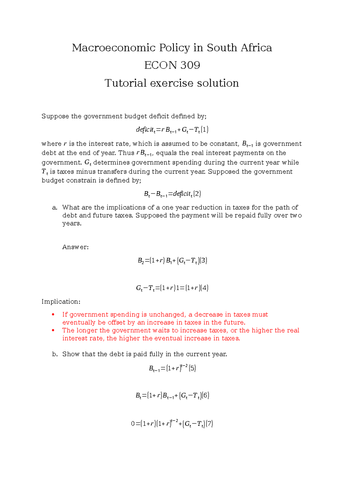 Tutorial exercise - Macroeconomic Policy in South Africa ECON 309 Tutorial exercise solution ...
