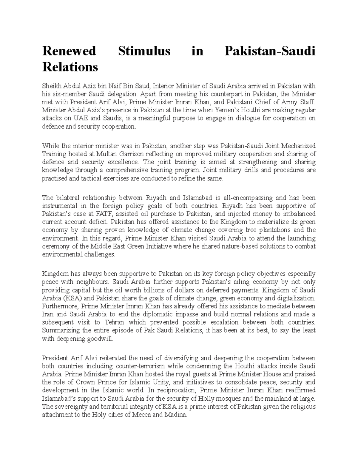 KSA - Notes - Renewed Stimulus in Pakistan-Saudi Relations Sheikh Abdul ...