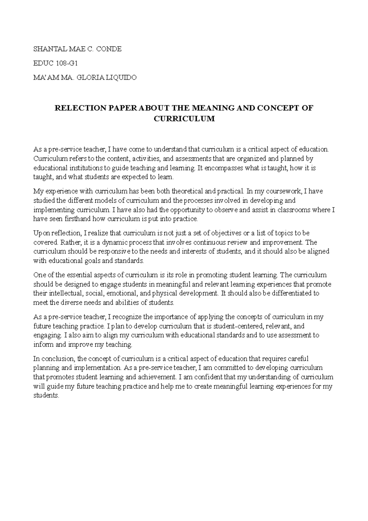 Relection Paper About THE Meaning AND Concept OF Curriculum - SHANTAL ...