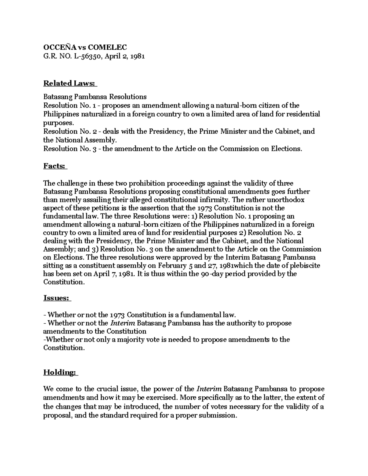 Occeña v Comelec Case Brief - OCCEÑA vs COMELEC G. NO. L-56350, April 2 ...
