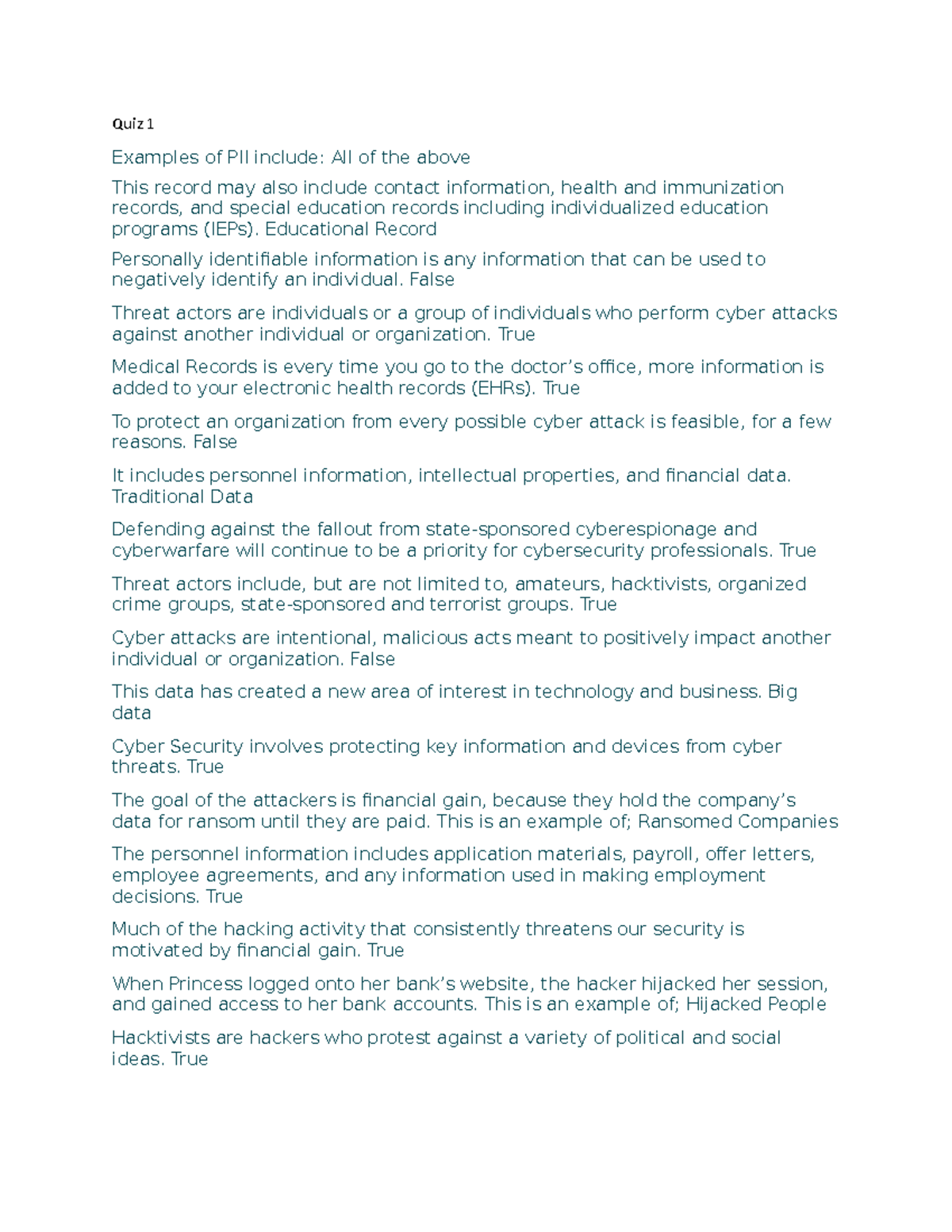 Strategic management quiz one - Quiz 1 Examples of PII include: All of ...