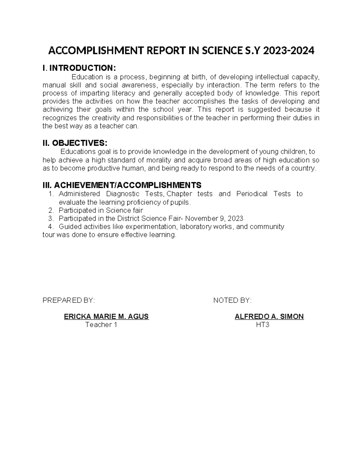 Accomplishment Reports - ACCOMPLISHMENT REPORT IN SCIENCE S 2023- I ...