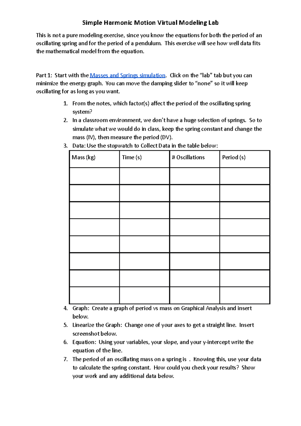 Actividad # 1 FASE 2 Movimiento Armonico Simple - Simple Harmonic Motion Virtual Modeling Lab ...