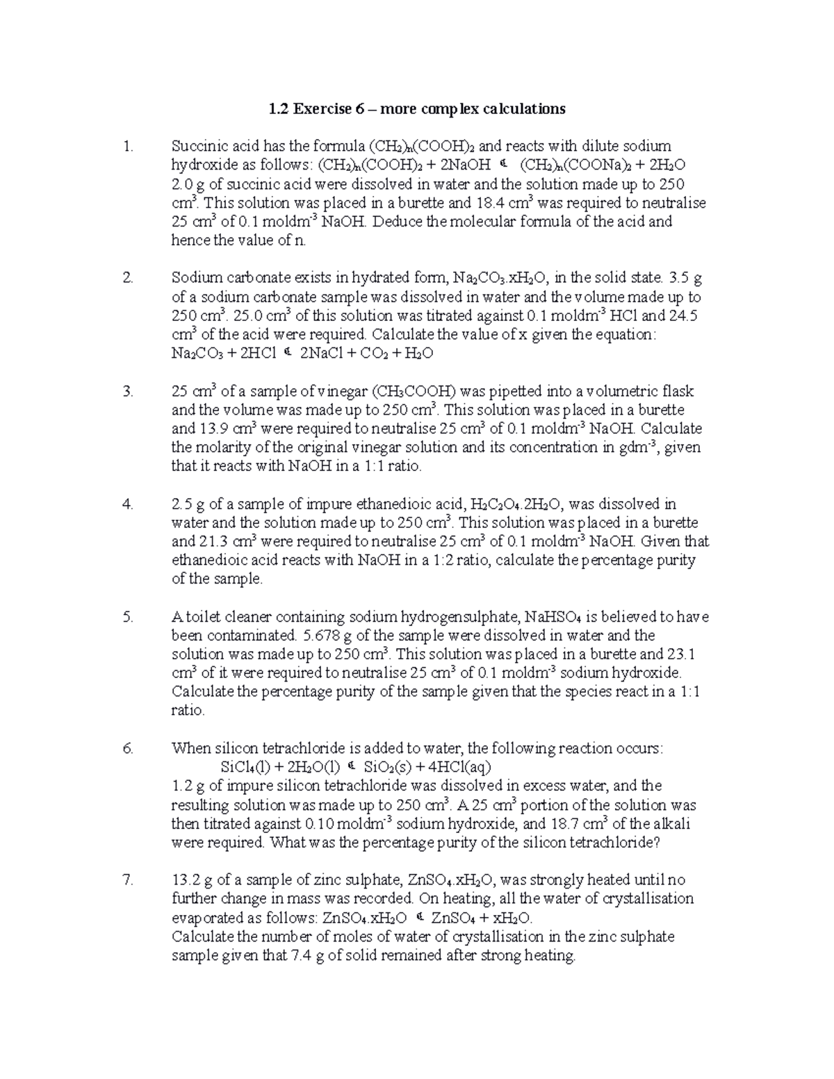 1 - chemistry calls - 1 Exercise 6 – more complex calculations Succinic ...