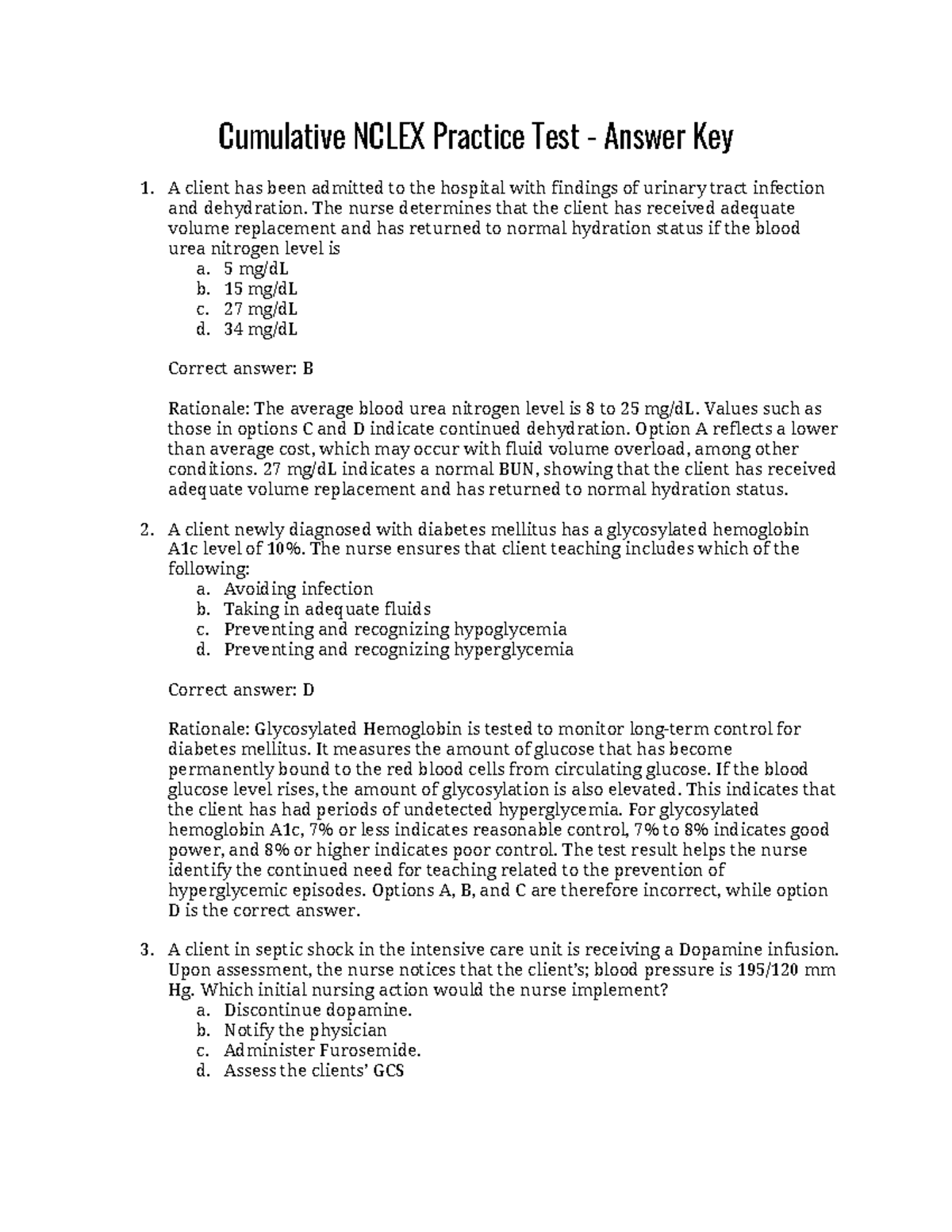 10.Cumulative Nclex Practice Test - Answer Key - Cumulative NCLEX ...