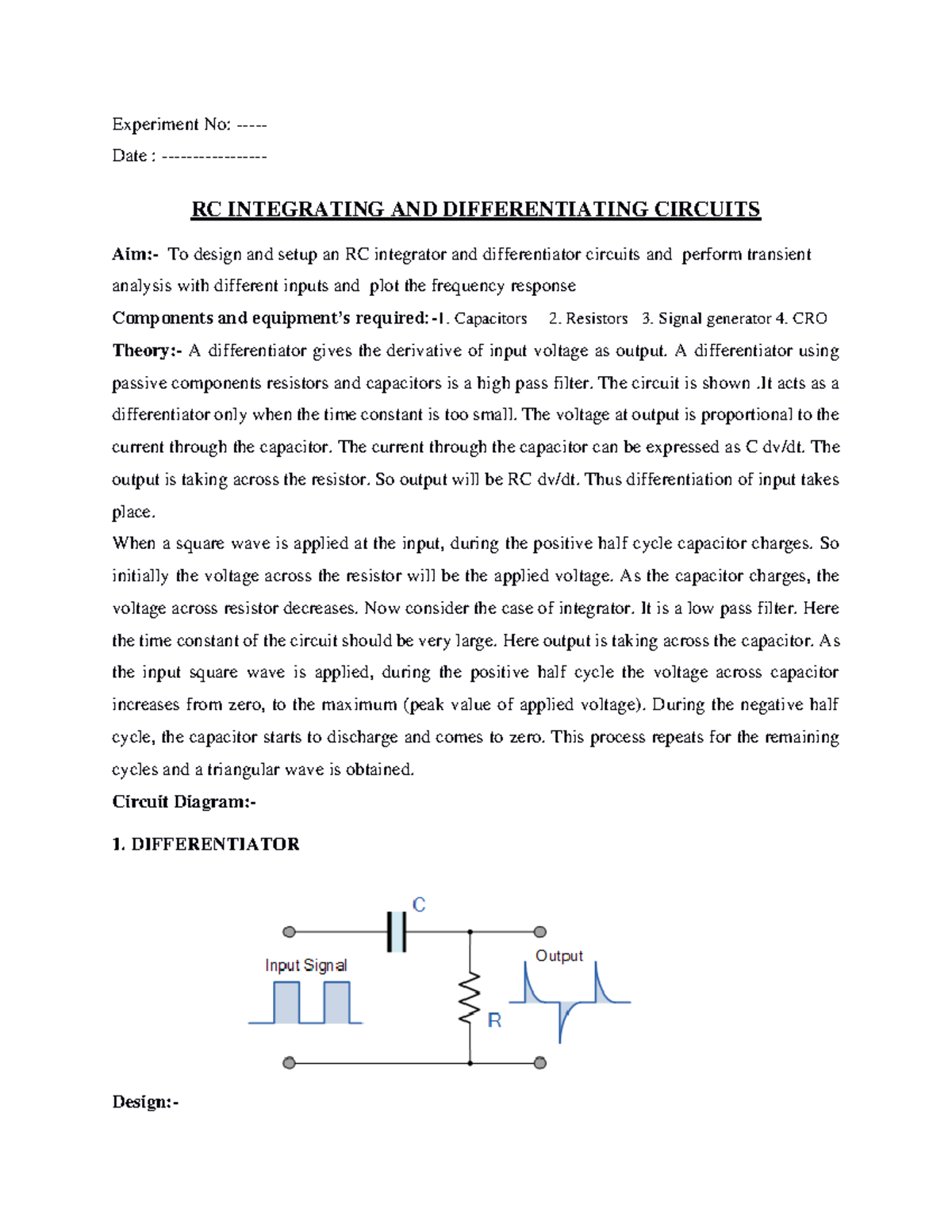 Exp.No. 1 RC integrator and differentiator - Experiment No: - Date ...
