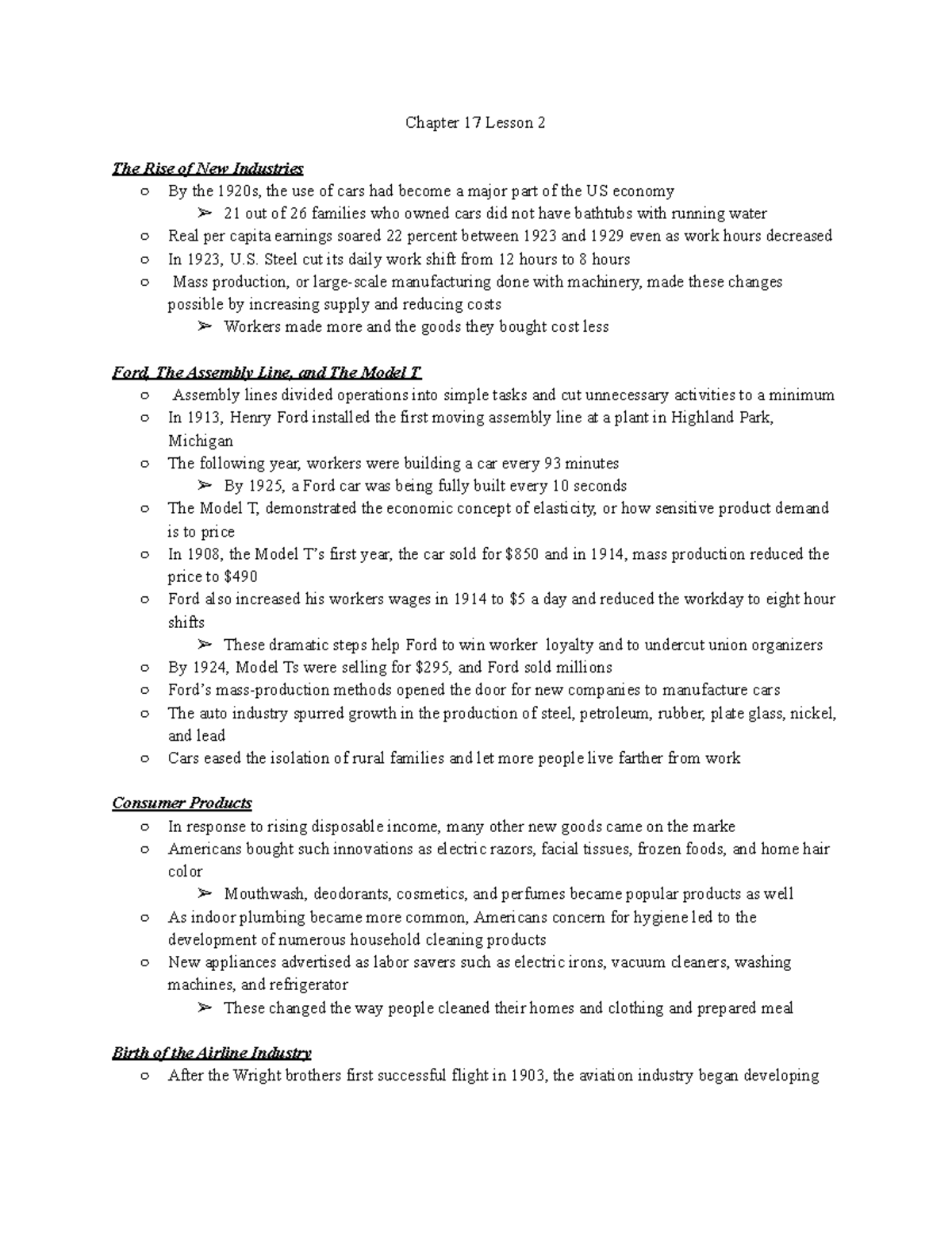 Notes - Chapter 17 Lesson 2 The Rise of New Industries By the 1920s ...