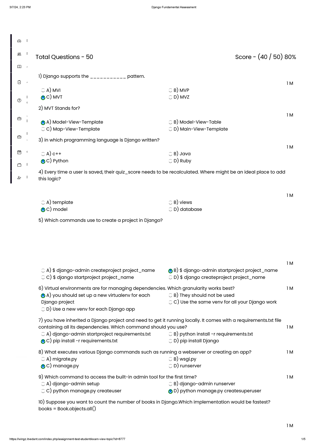 Django Fundamental Assessment - Total Questions - 50 Score - (40 / 50 ...