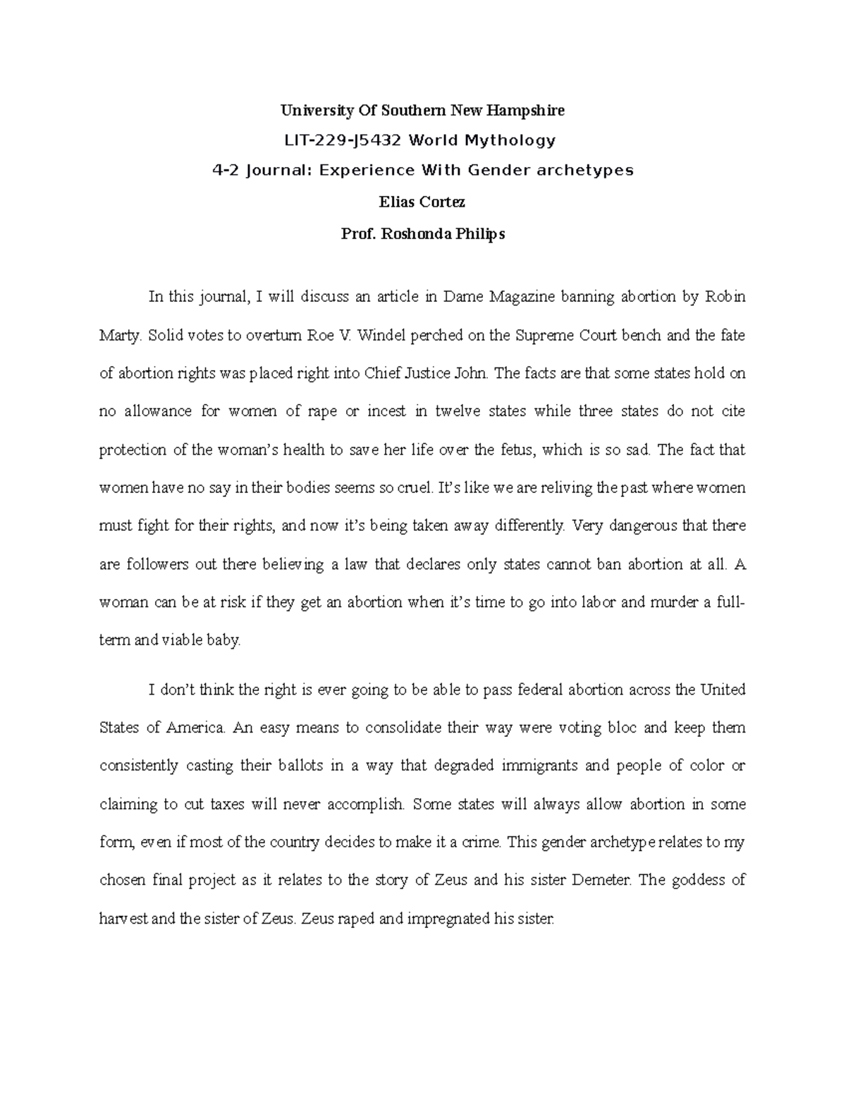 4-2 Journal- Experience with gender archetypes - University Of Southern ...