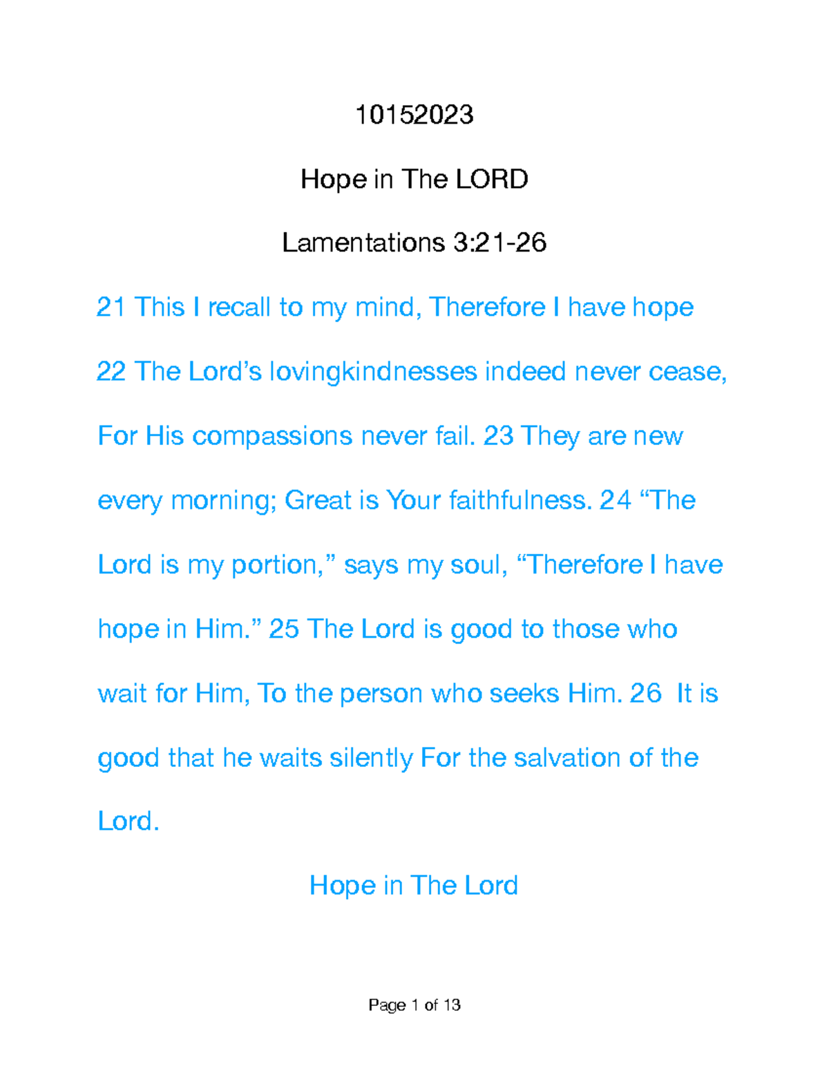 10152023 - Sermon - 10152023 Hope in The LORD Lamentations 3:21- 21 ...