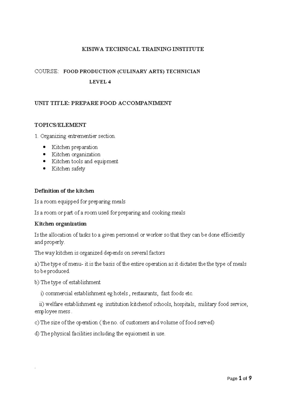 Notes ON Organise Entremetier - KISIWA TECHNICAL TRAINING INSTITUTE ...