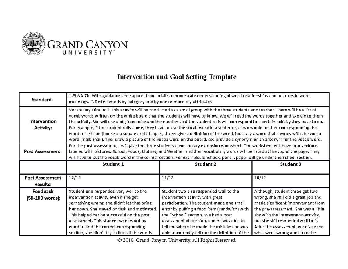 Clinical Field Experience D Intervention and Goal Template ...