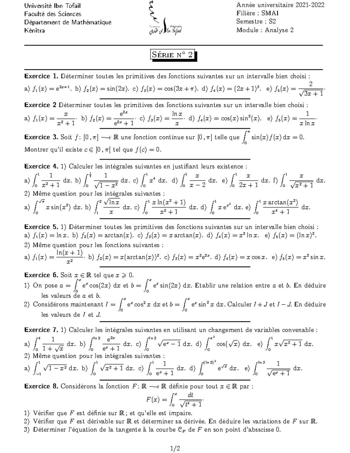 Série2 - Exercices analyse 2 - Université Ibn Tofail Faculté des ...