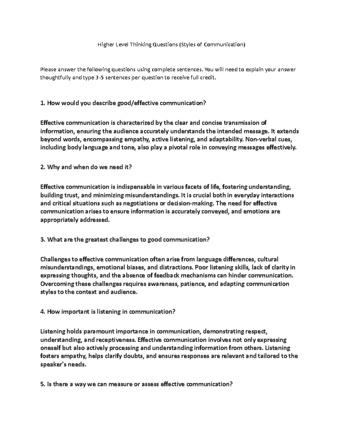 Higher Level Thinking Questions - You will need to explain your answer ...