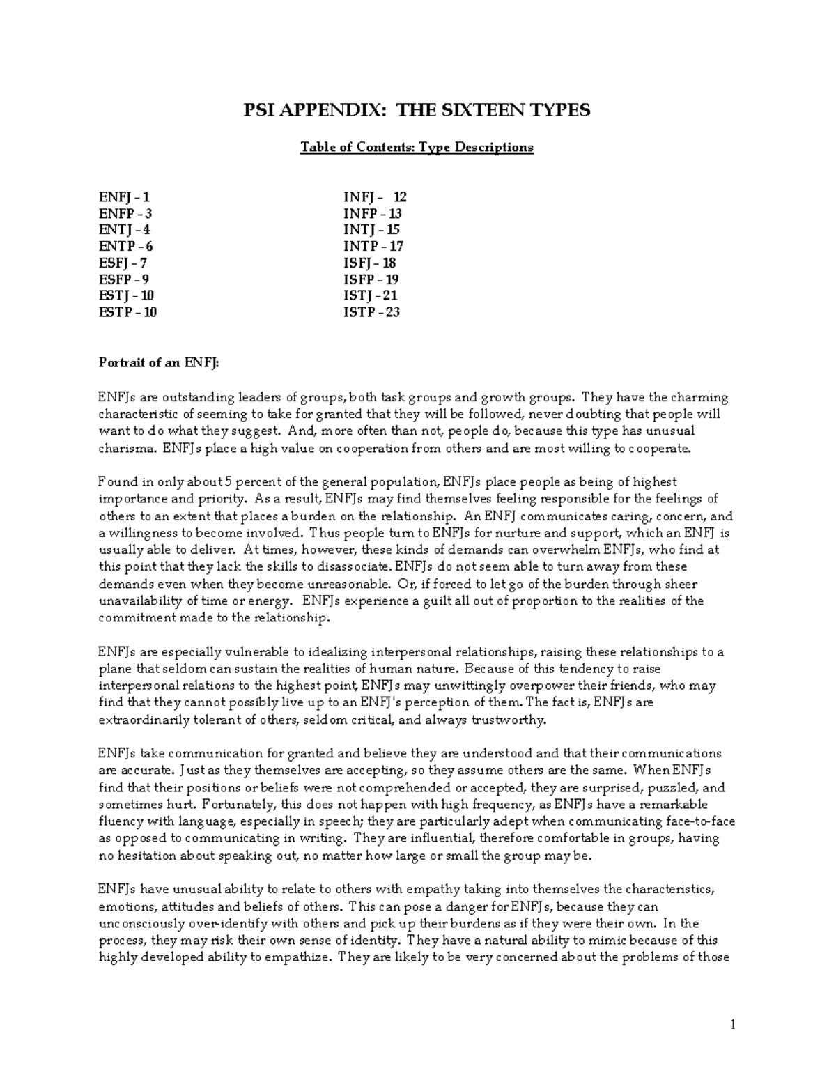 16 P-types Long - ?/ghhgfhfg - PSI APPENDIX: THE SIXTEEN TYPES Table of ...