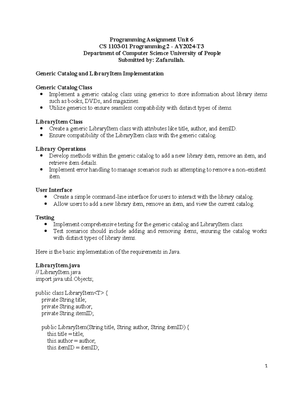 Programming Assignment Unit 6 Generic Catalog And Libraryitem Implementation Generic Catalog