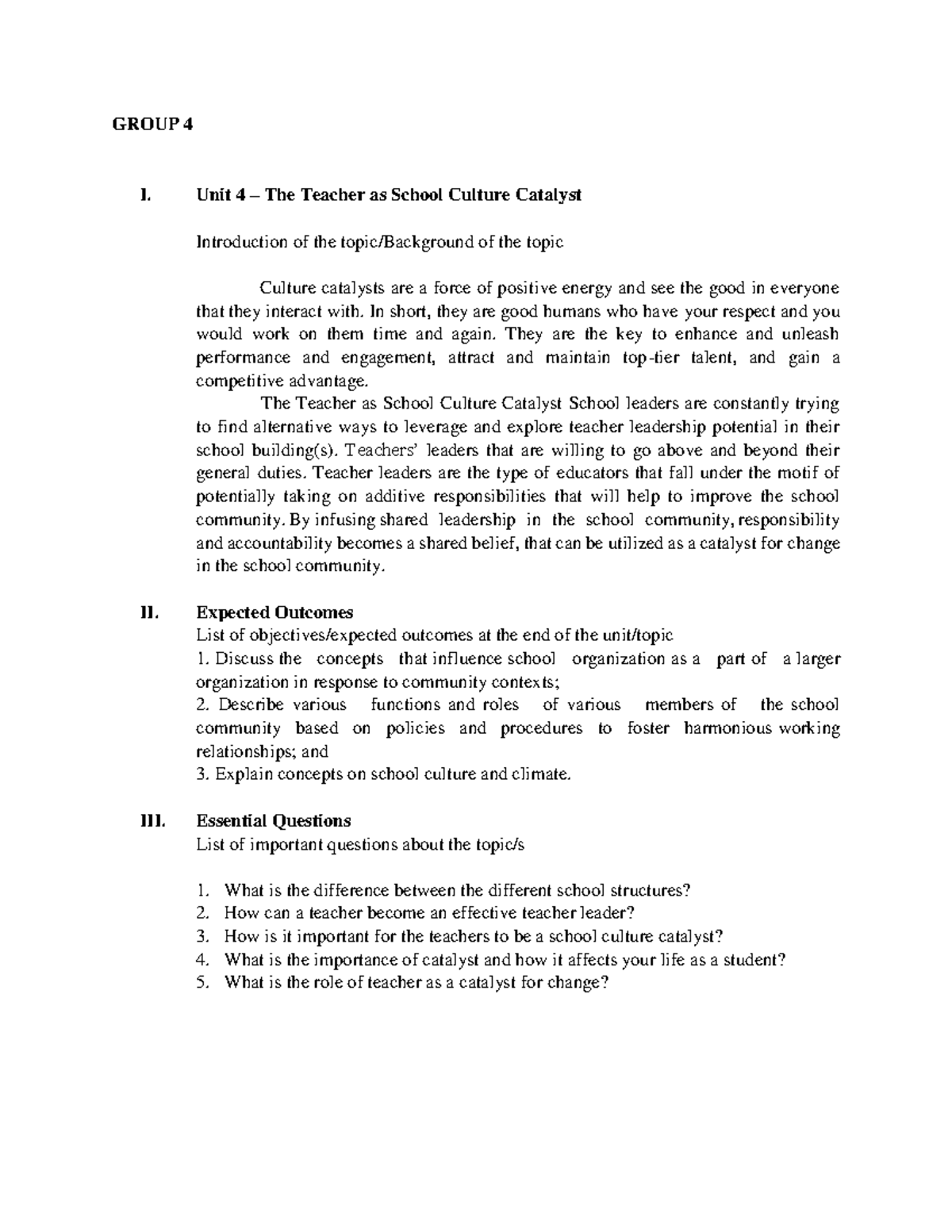 ED10-Unit-4 Group-4- Report - GROUP 4 I. Unit 4 – The Teacher as School ...