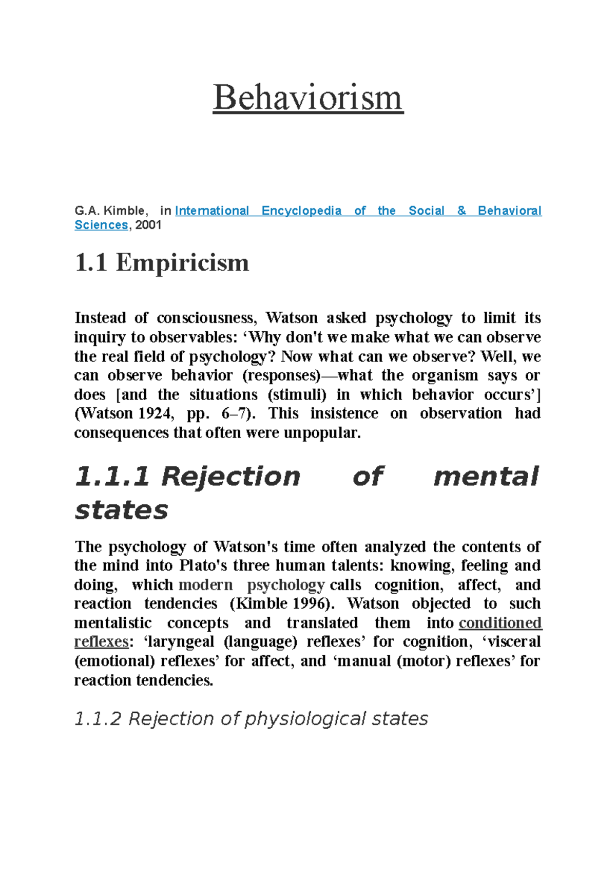 Behaviorism - Kimble, in International Encyclopedia of the Social ...