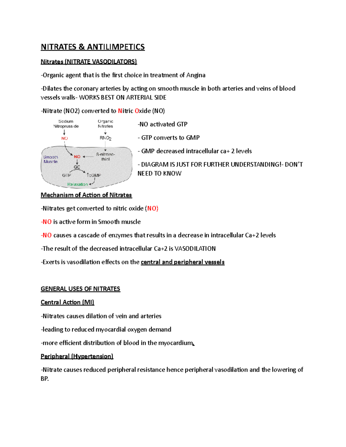 Nitrates- Pharm Notes - NITRATES & ANTILIMPETICS Nitrates (NITRATE ...