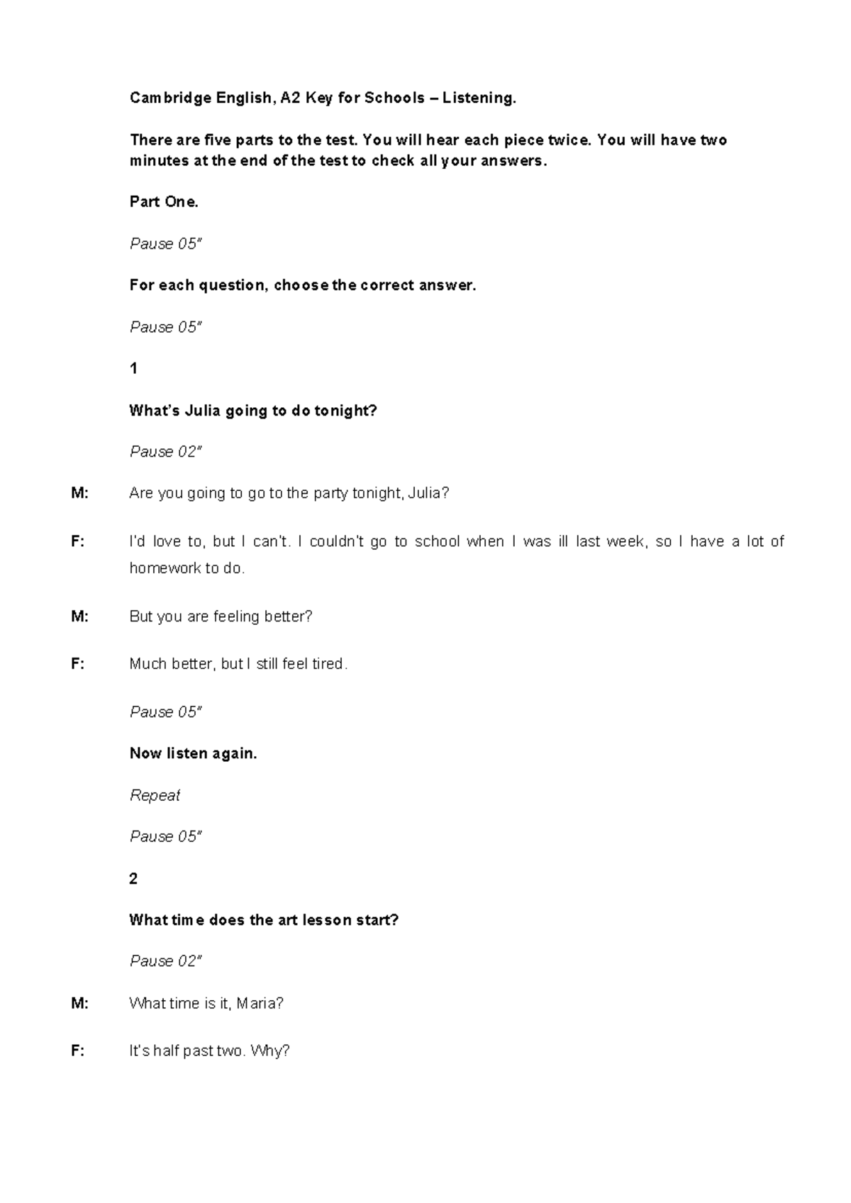 697383 a2 key for schools listening sample 1 tapescript 1 - Cambridge ...