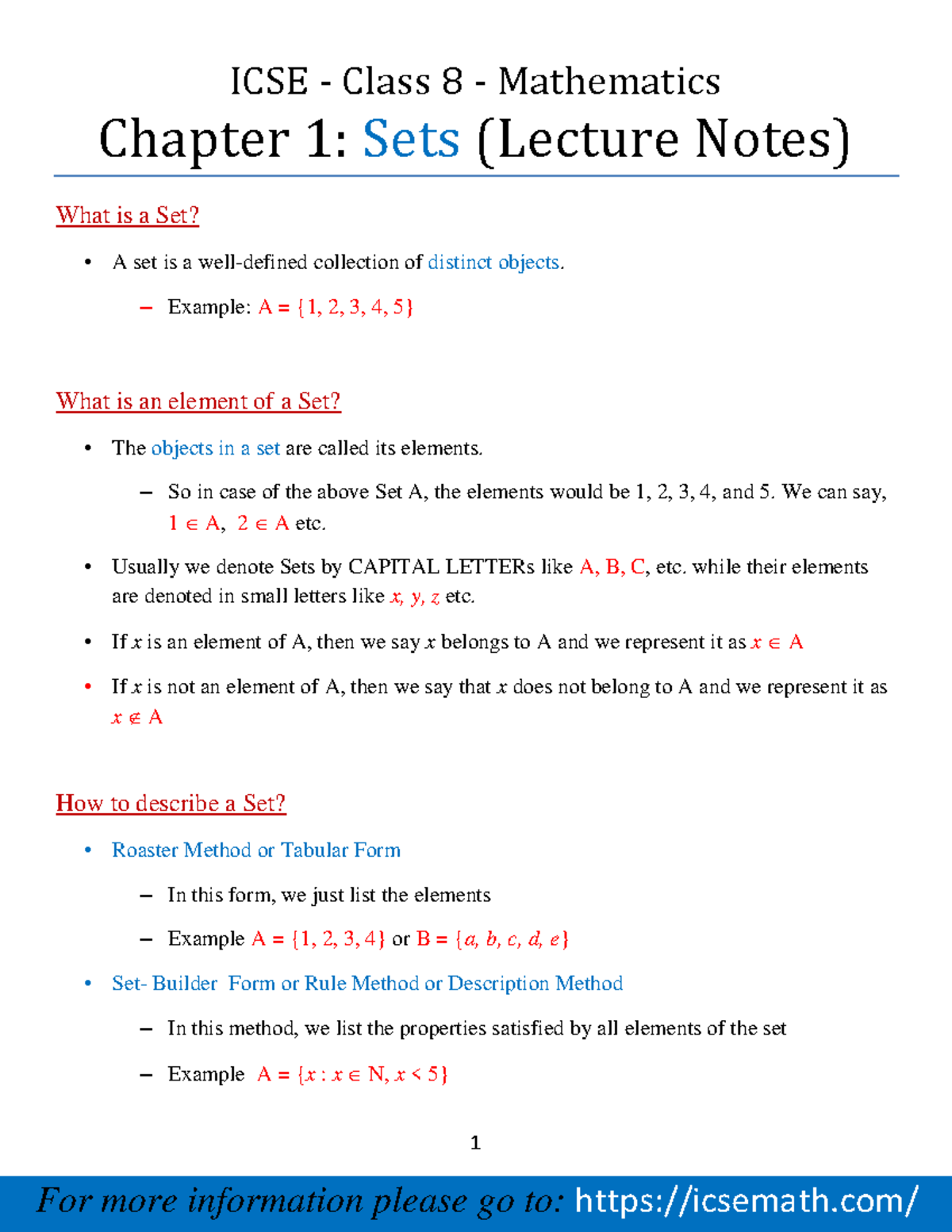 Icse class 8 mathematics chapter 1 sets download - 1 ICSE - Class 8 ...