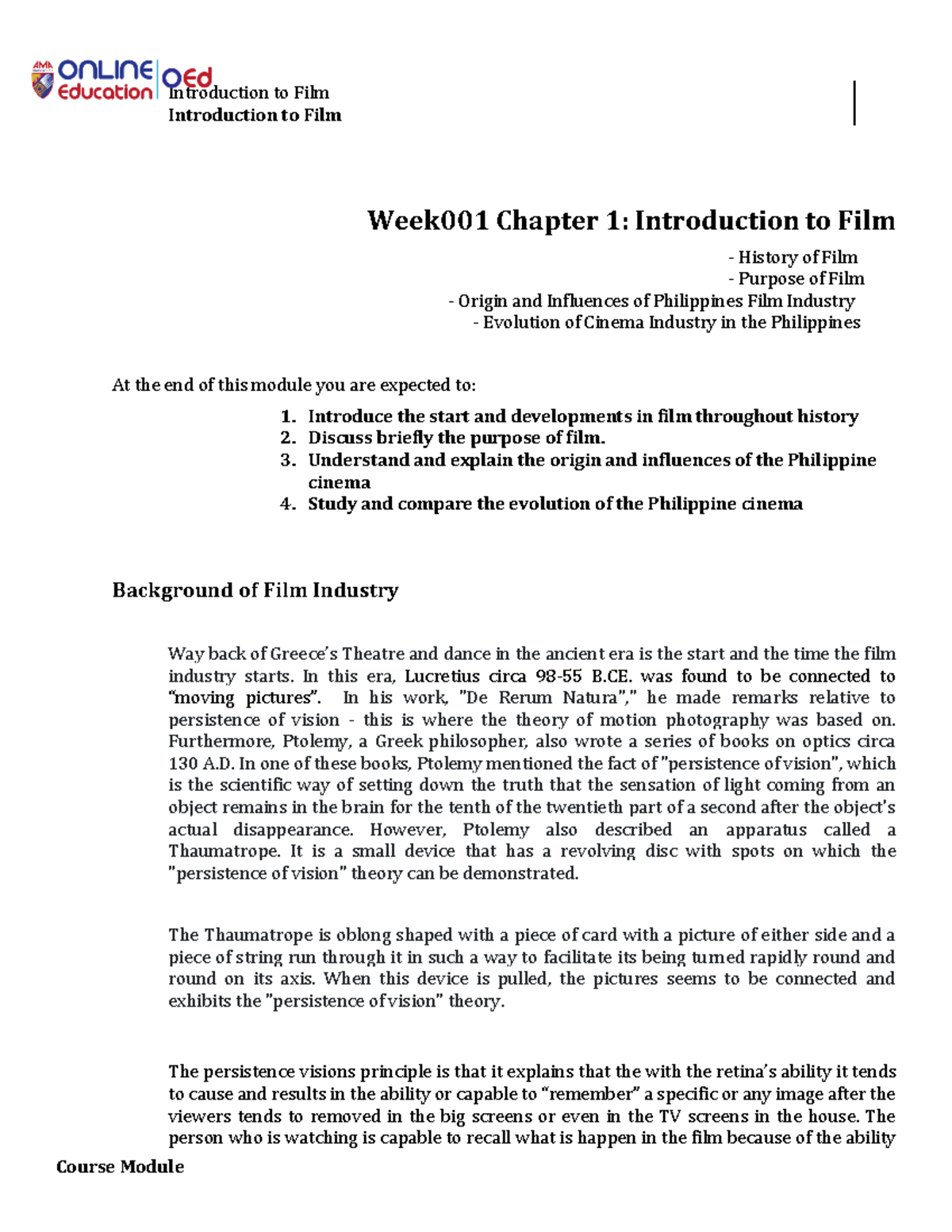 Week 1 - Introduction to Film - Introduction to Film Introduction to ...