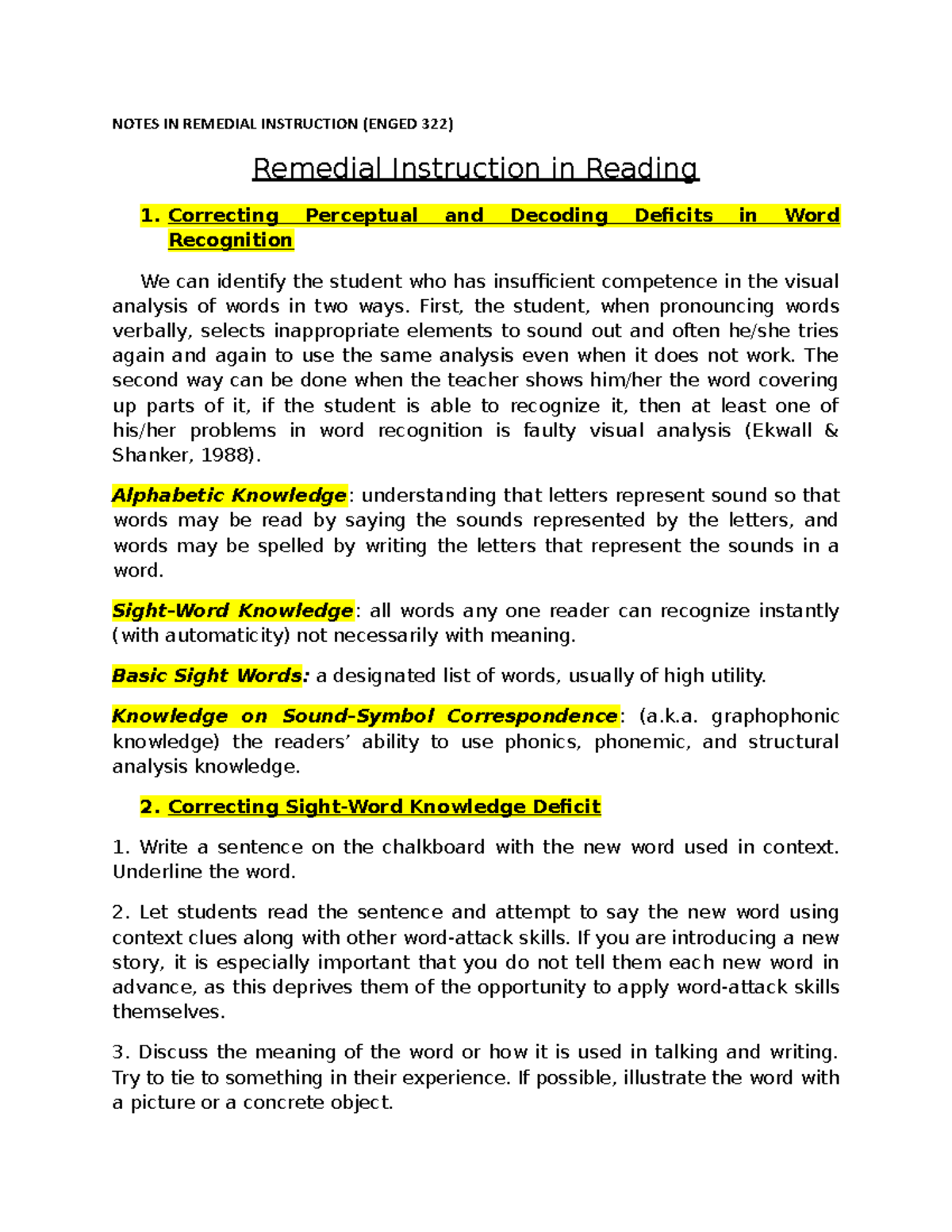Notes IN Remedial Instructio IN Reading - NOTES IN REMEDIAL INSTRUCTION ...