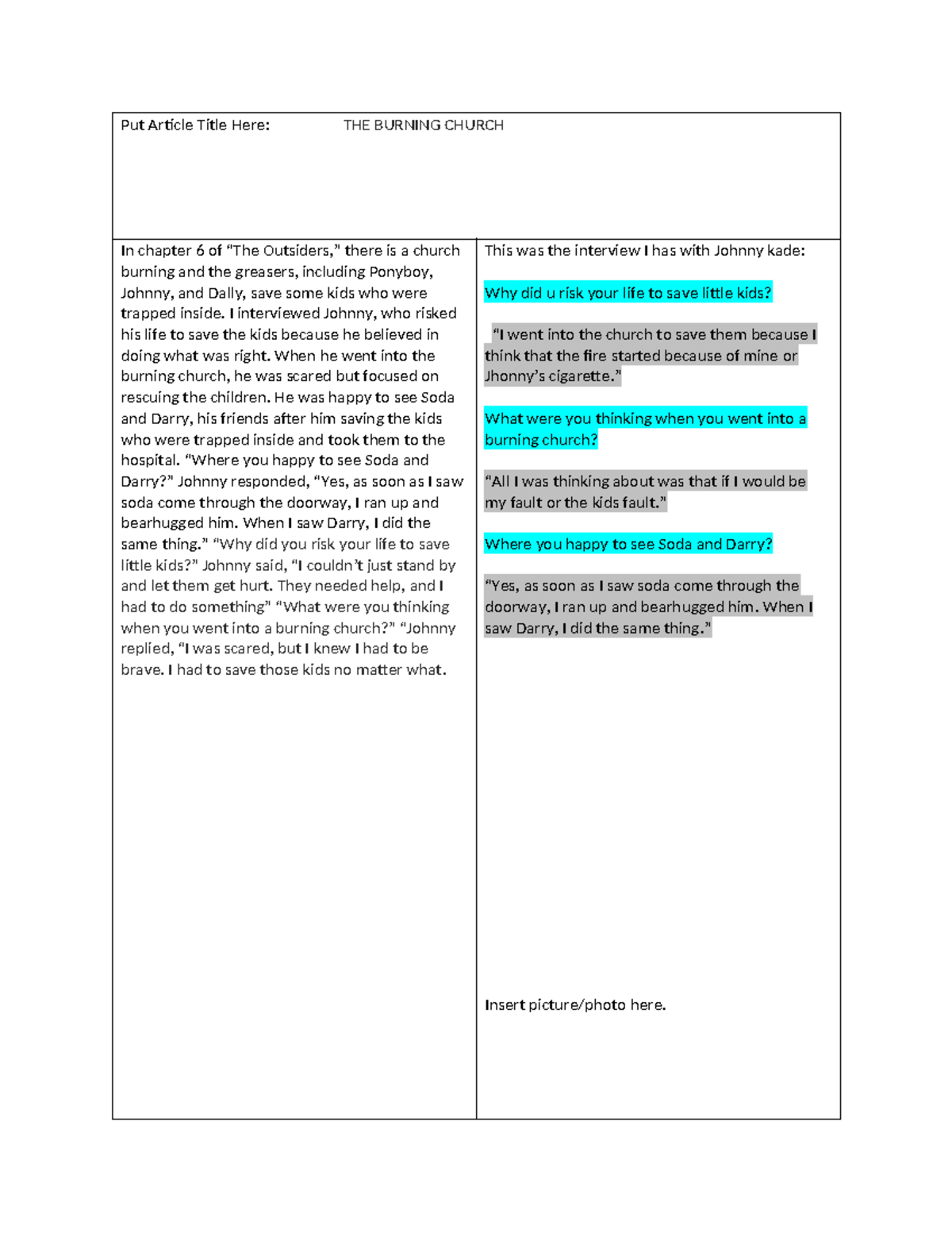 Outsiders Newspaper Article 12 - Put Article Title Here: THE BURNING ...